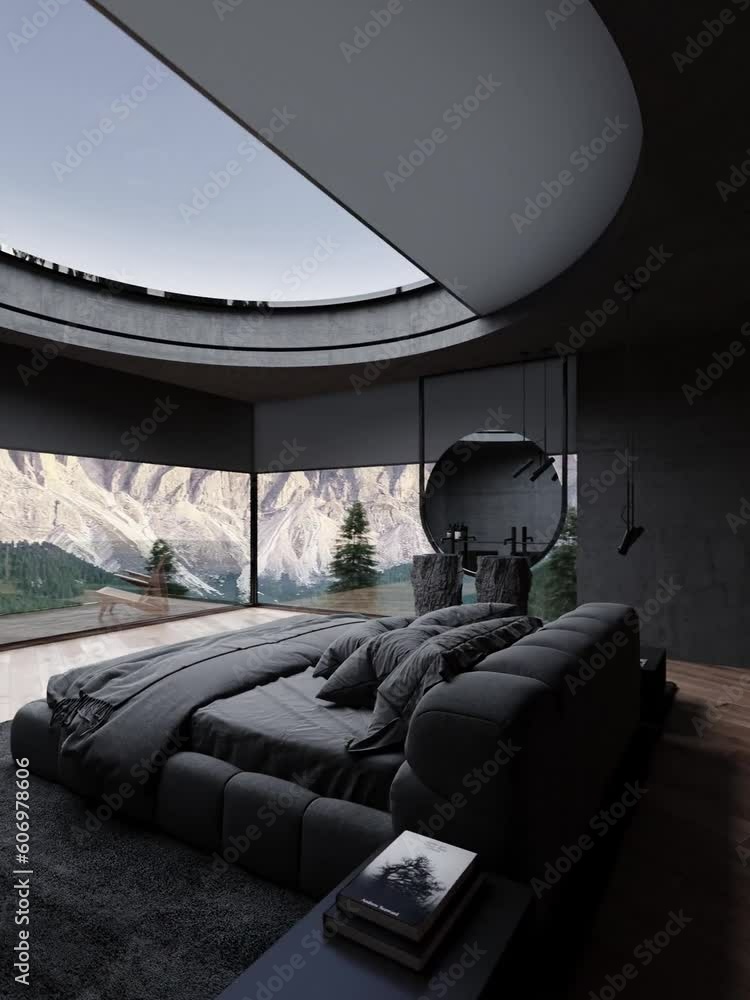3d animation video, Modern loft bedroom design with large skylight ...