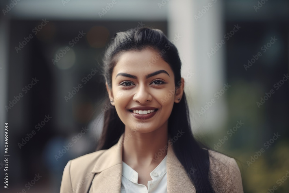 Young smart indian businesswoman, smiling face, standing in blur ...