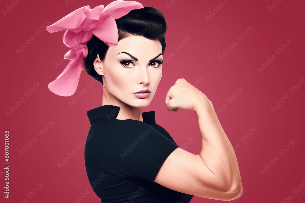 Feminism. Strong powerful fictional AI generated woman on pink ...