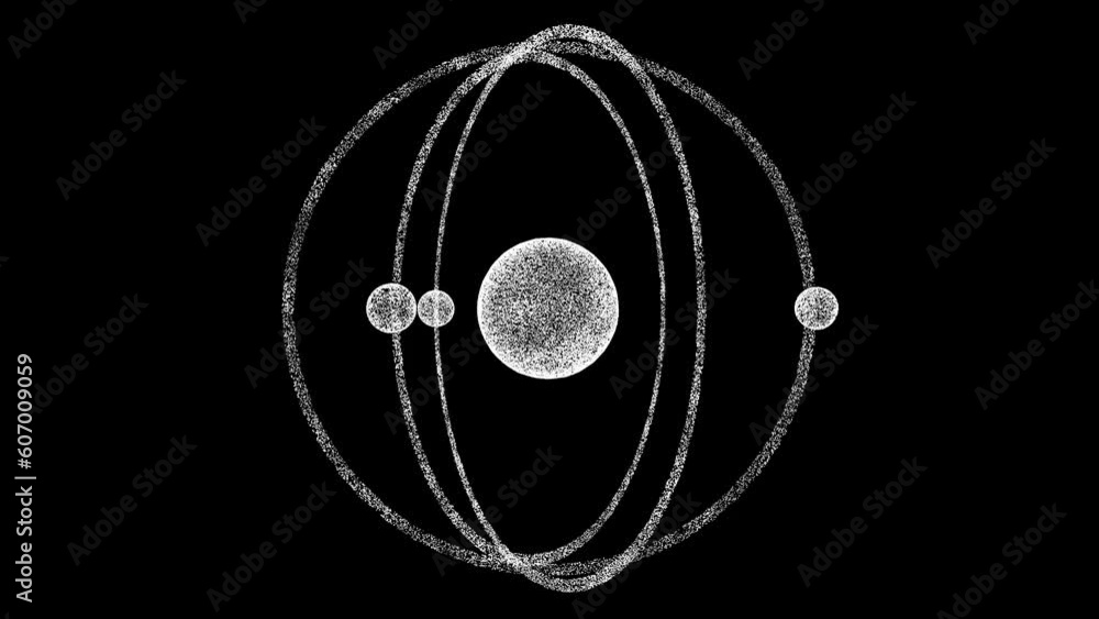 3d Atom Model With A Nucleus And Electrons Rotates On Black Bg Object Dissolved Flickering