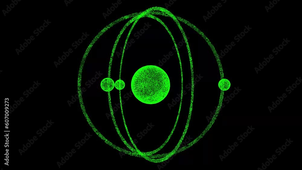 3D atom model with a nucleus and electrons rotates on black bg. Object ...