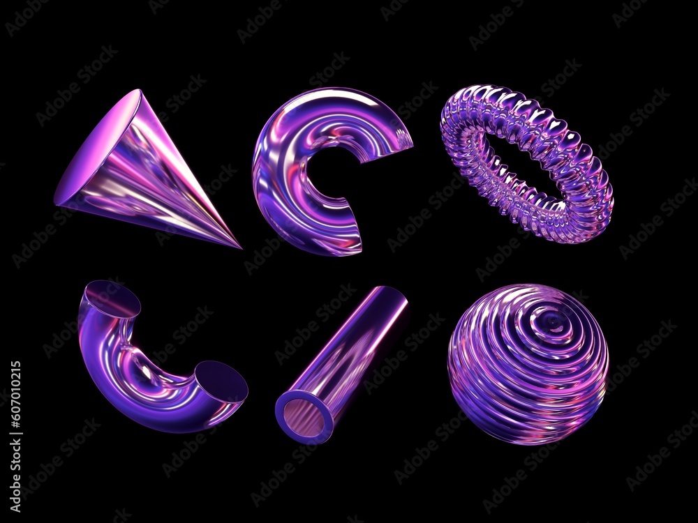 3D render set of geometric objects, icons, purple neon glass elements isolated on black ...