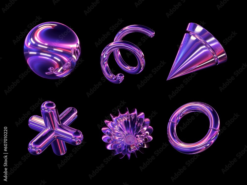 3D render set of geometric objects, icons, purple neon glass elements isolated on black ...