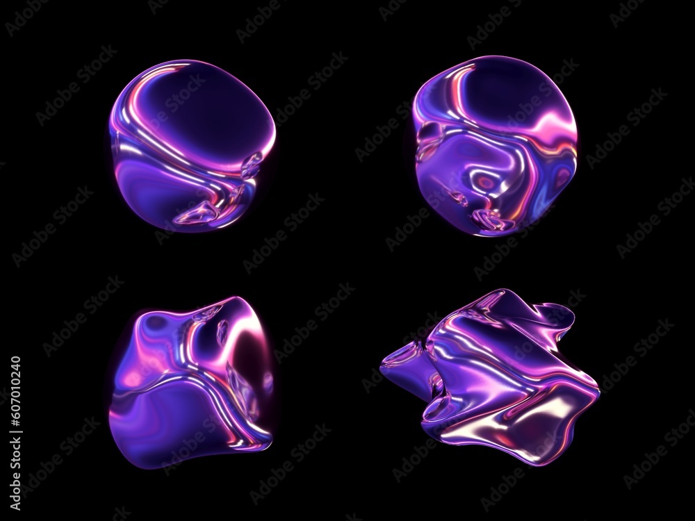 3D render set of geometric objects, icons, purple neon glass elements isolated on black ...