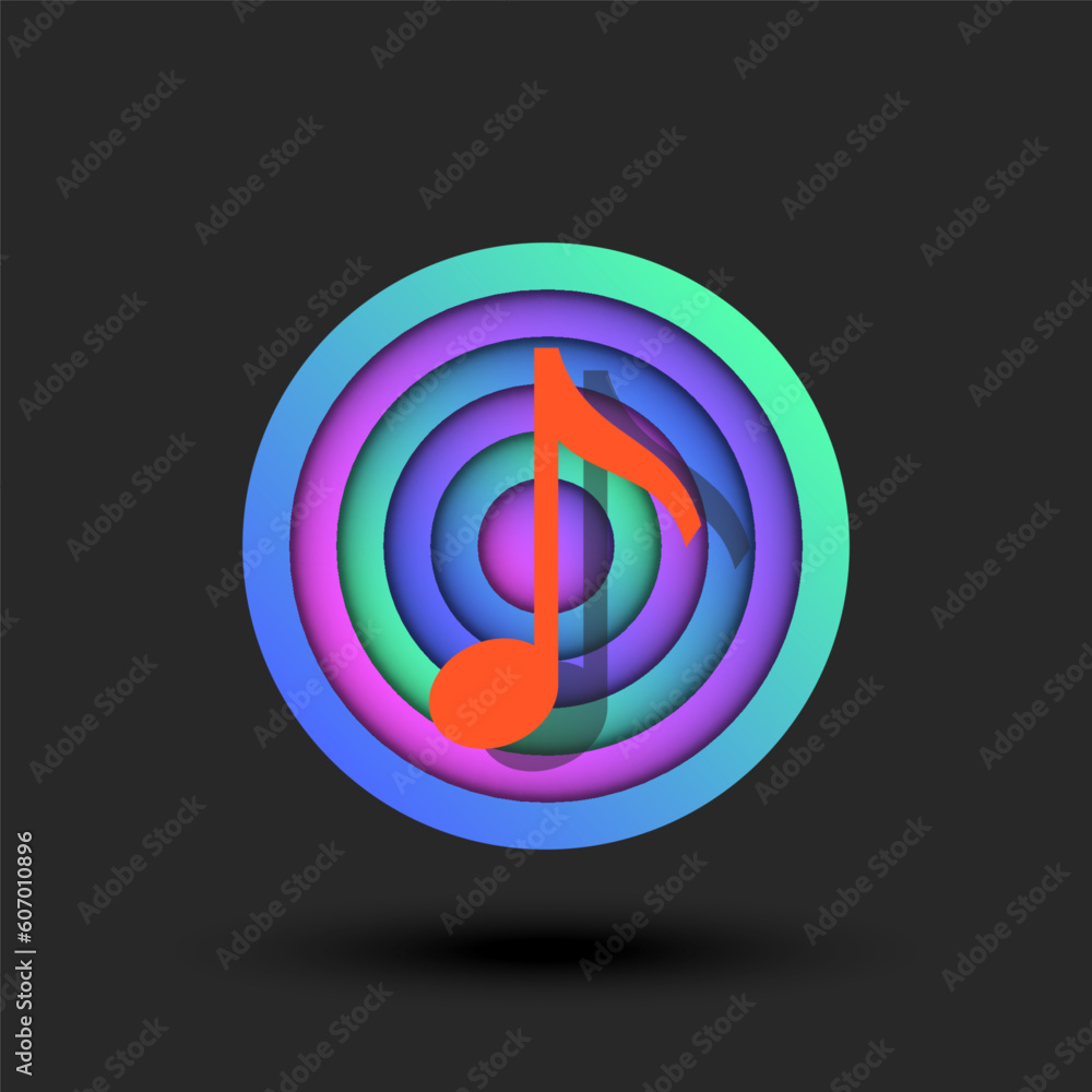 Music logo 3d round shape, musical note symbol and abstract circles ...