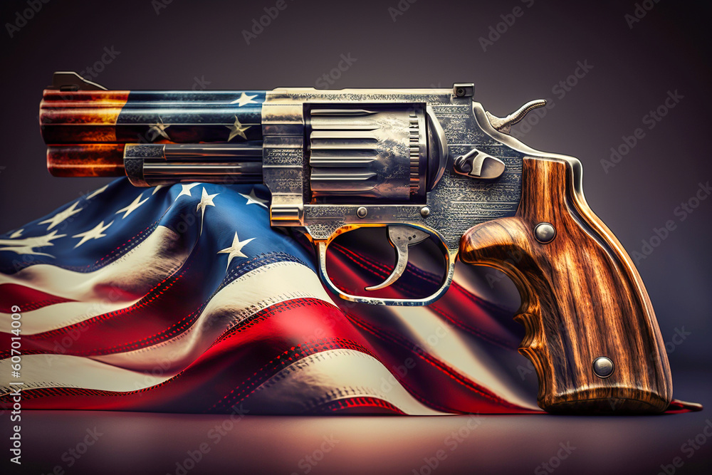 USA flag with wrinkles and fictional vintage-style gun. Gun control ...