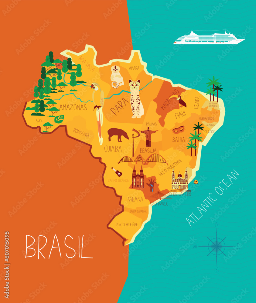 Brasil cartoon travel map vector illustration with landmarks, cities ...