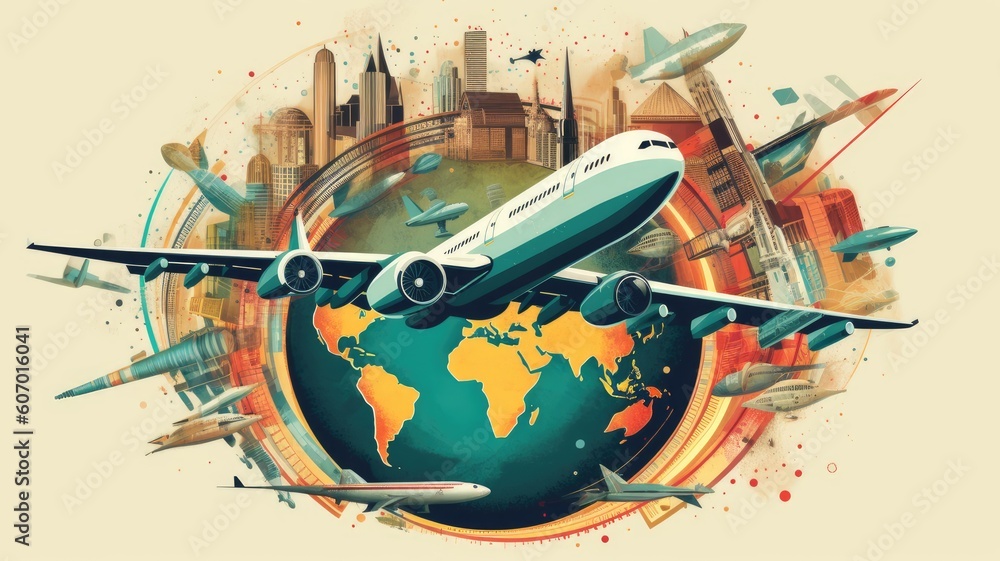 International travel: Illustrations represent airplanes taking off or ...