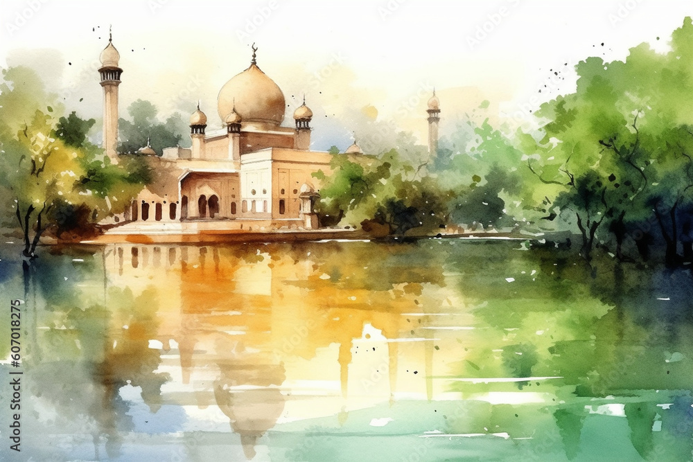 A serene watercolor painting of a lake with a reflection of a mosque ...