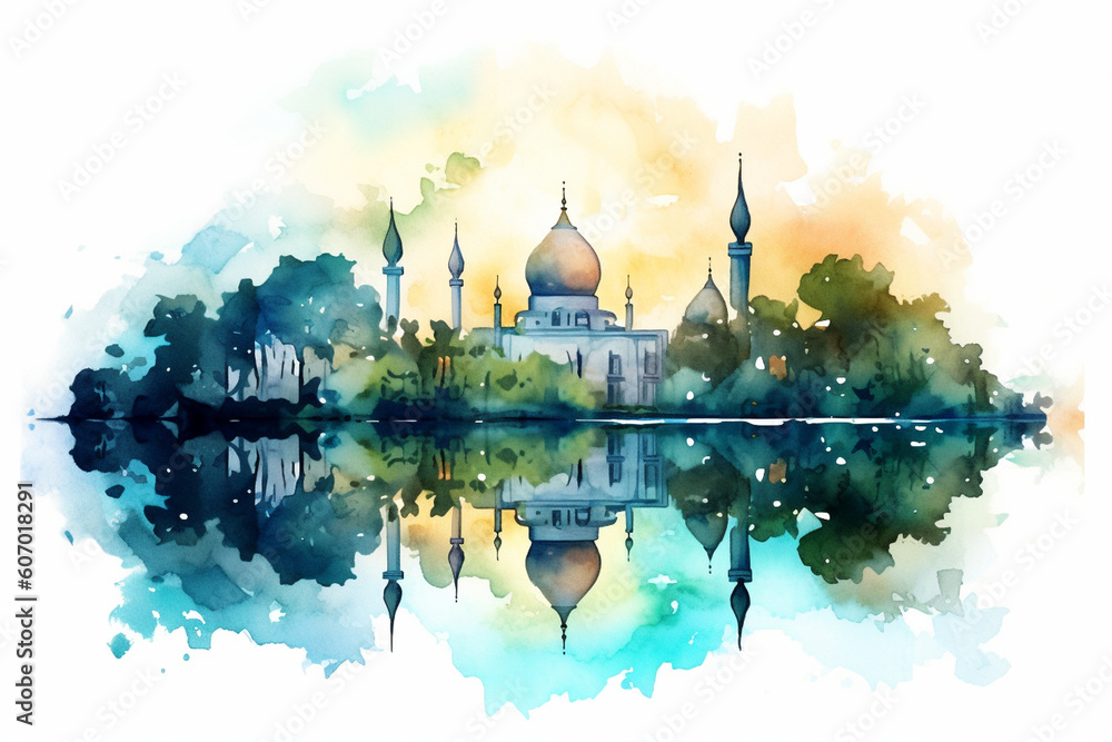 A serene watercolor painting of a lake with a reflection of a mosque ...
