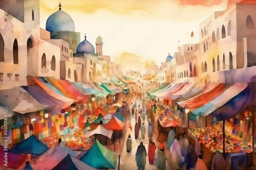 A vibrant watercolor painting of a bustling bazaar with colorful ...