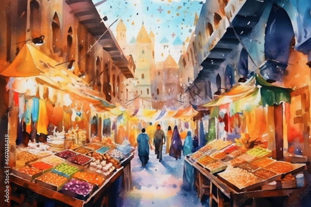 A vibrant watercolor painting of a bustling bazaar with colorful ...