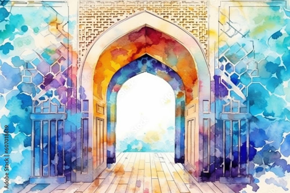 A vibrant watercolor artwork of a traditional Islamic archway with ...