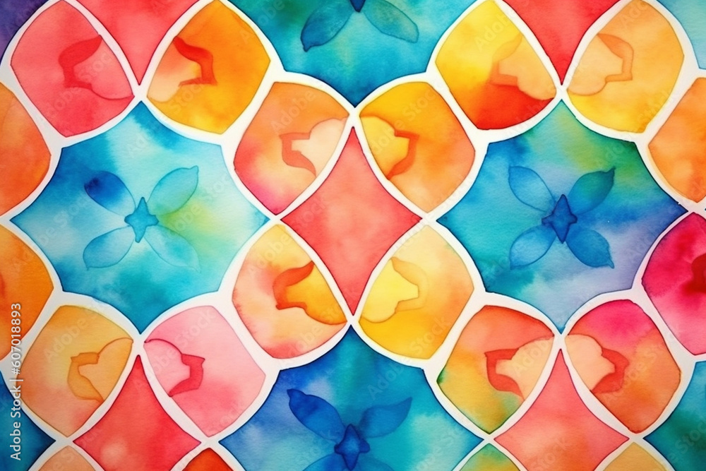 A vibrant watercolor artwork of an Islamic geometric pattern with ...