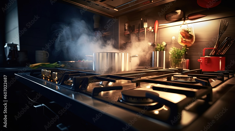 Steaming and boiling pan of water on modern heating stove in kitchen on ...