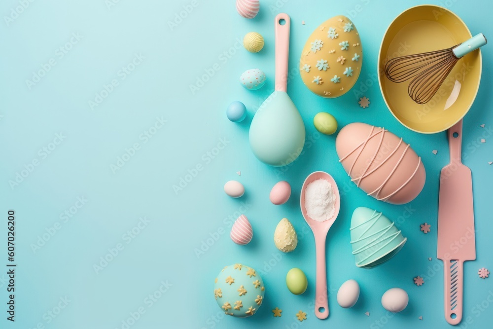 Easter cooking concept. Top view photo of plates with easter eggs ...