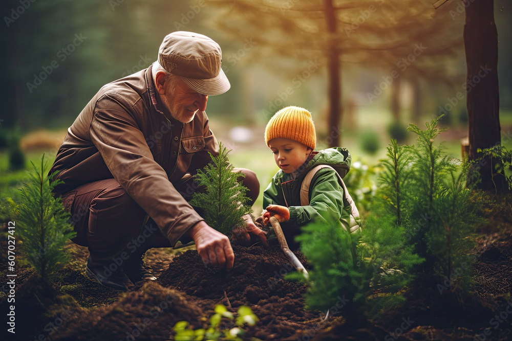 Grandfather and grandson planting trees in the forest created with ...