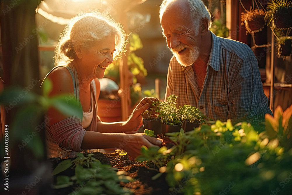 Old people couple in home garden created with Generative AI technology ...
