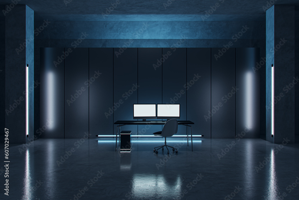 Abstract dark blue interior with workplace and two empty white mock up ...