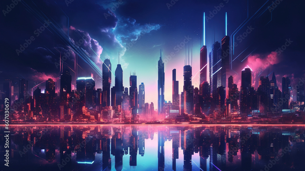 Futuristic synthwave city skyline. AI Stock Illustration | Adobe Stock