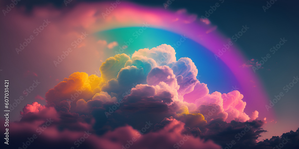 Cute sky with rainbow, dreamy sky. rainbow in the clouds. Landscape ...
