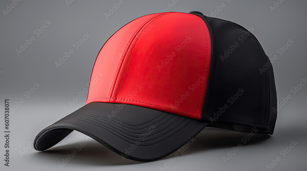 Black and red baseball cap on a grey background. Mock up design ...
