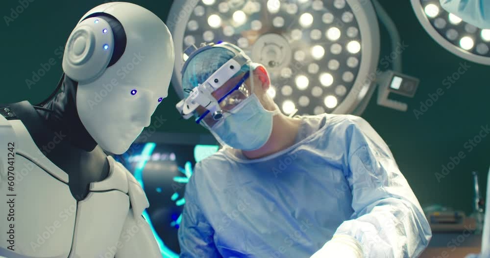 Future robotic surgery concept. Surgical room in hospital with robotic ...