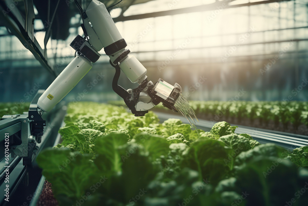 Robot arm watering vegetables Hydroponics Smart Farming with Ai Generated Stock Illustration ...