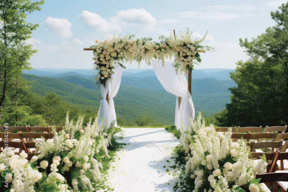 Structured all white chuppah on an elevated hill overlooking ...