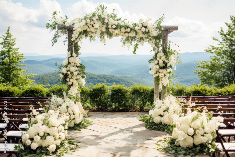 Structured all white chuppah on an elevated hill overlooking ...