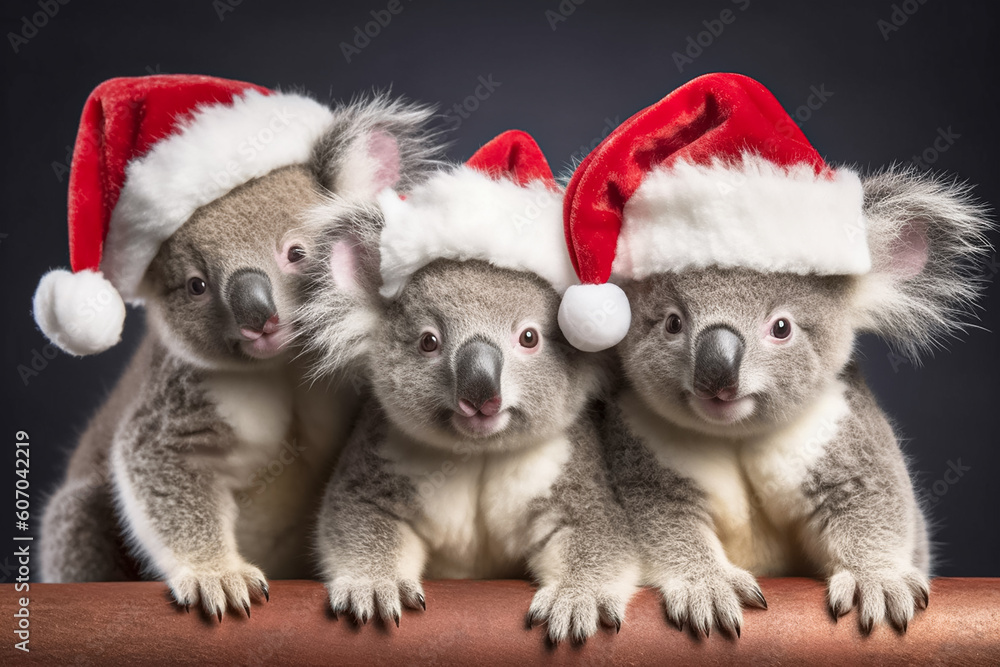 Three funny koalas in red Santa Claus hats. New year or christmas ...