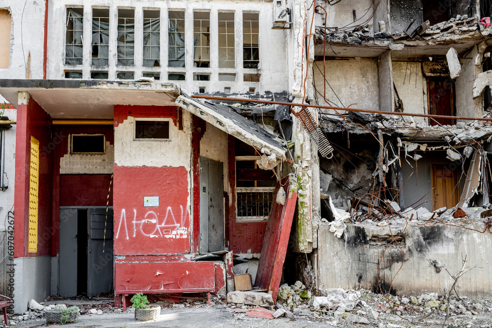 Destroyed building after russian missle rocket attack during war in ...