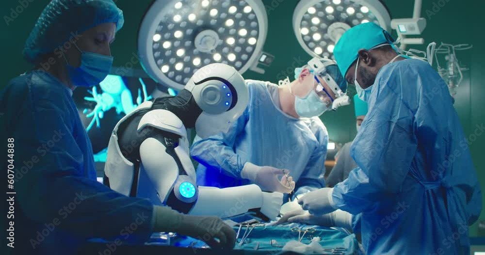 Professional surgeon with robot sutures patient in operating room . Medical workers wearing ...