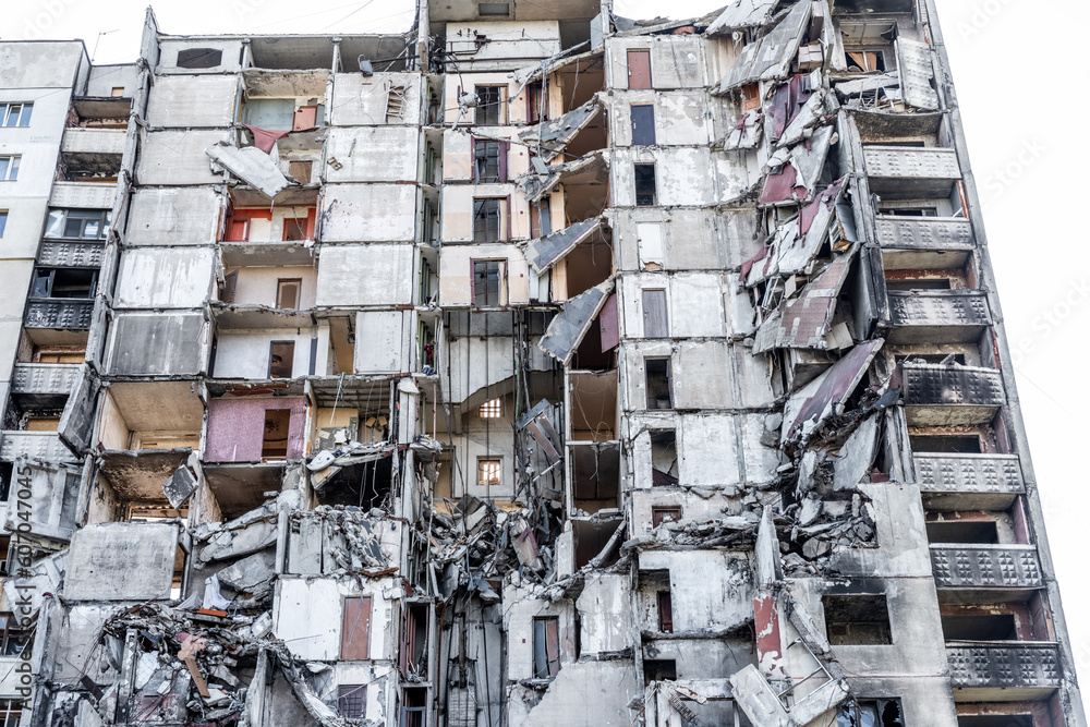 Destroyed residential building wall after russian missle rocket attack ...