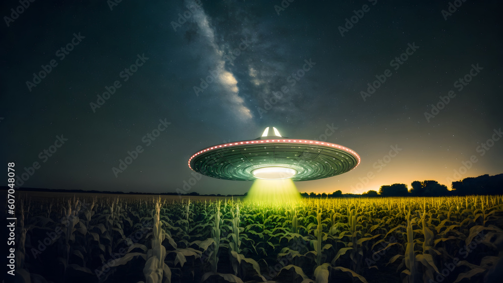 UFO saucer hovering over corn field at starry night with wide beam of light underneath, neural ...