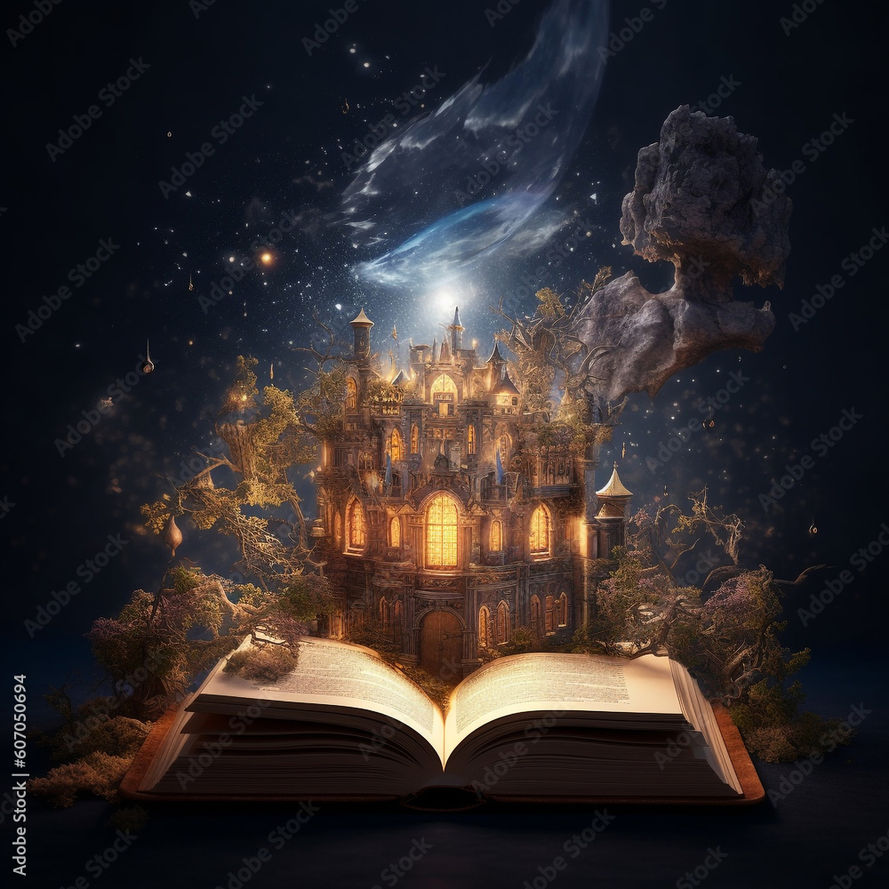 Magic fairy tale scene with old ancient book and magic castle on dark ...