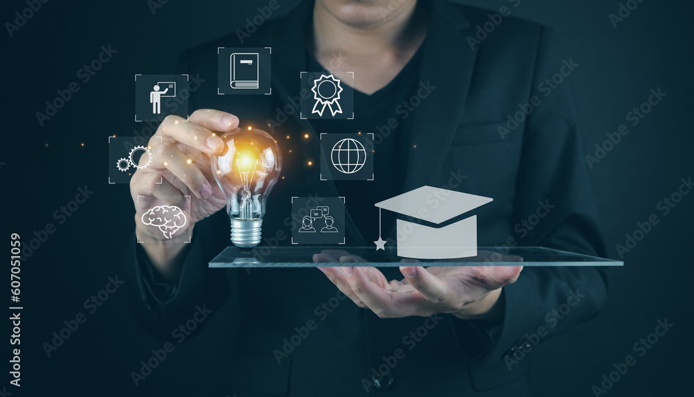 E-learning online graduate course concept online male hand holding ...