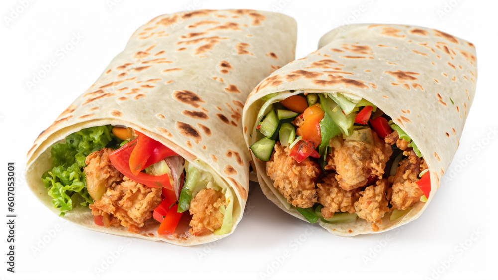 Tortilla wrap with fried chicken meat and vegetables isolated on white ...