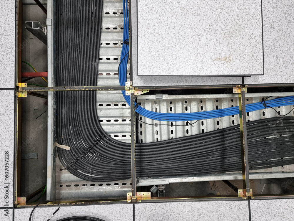 Communication Control cable pulling work in DCS room. Stock Photo ...