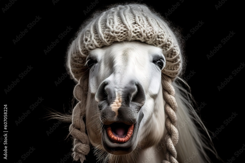 Funny head portrait of a white arabian horse gelding wearing a woolly ...