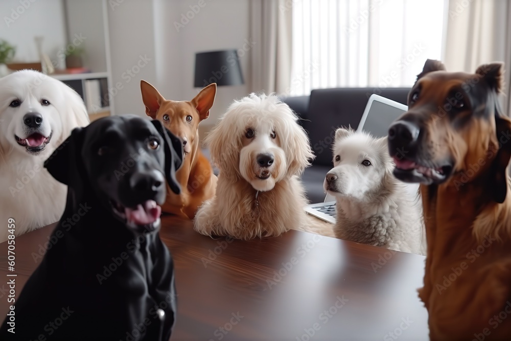 Dog talking to dog friends in video conference. Group of dogs online ...
