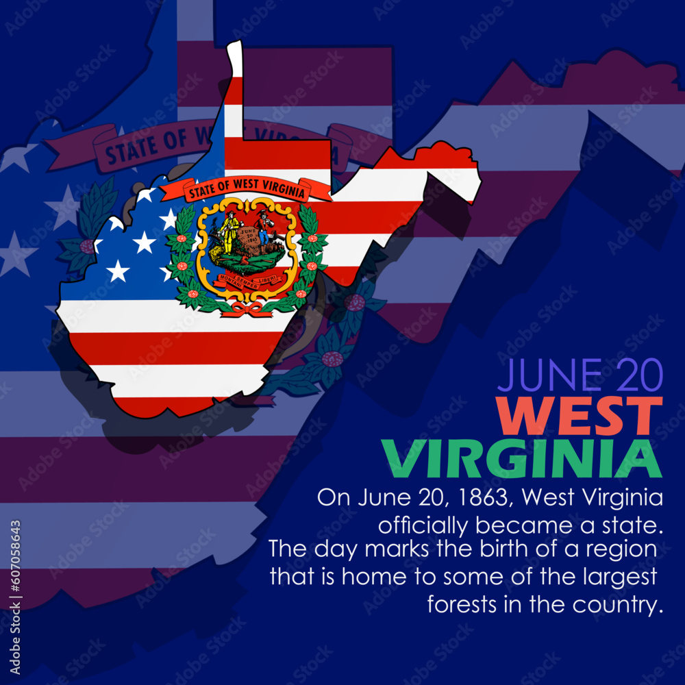 State map of Virginia and its flag with text and bold sentences on blue ...