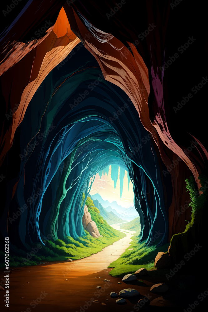 A cave landscape, Scene in Cartoon-Realistic Style, Children's Book ...
