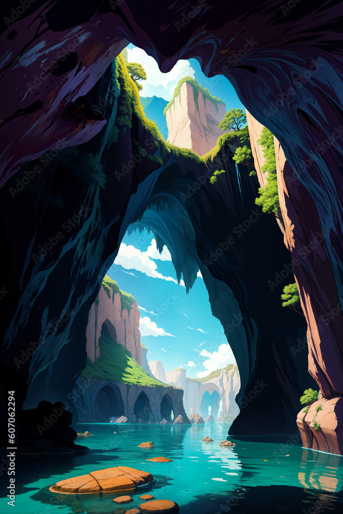 A cave landscape, Scene in Cartoon-Realistic Style, Children's Book ...