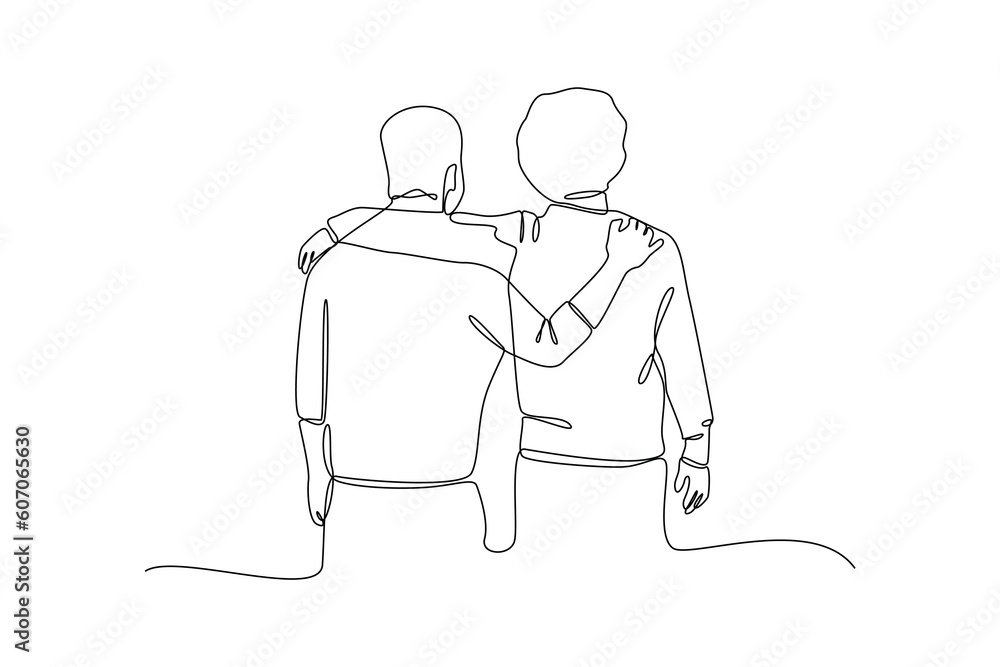 Continuous one-line drawing of two male friends. Friendship Day concept ...