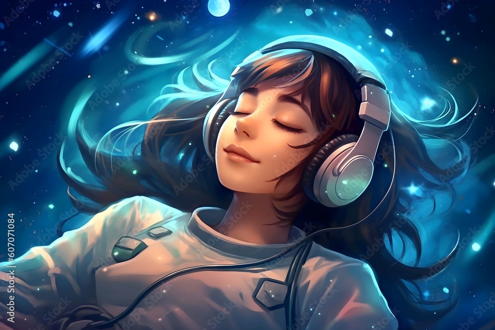 Anime girl floating in space with stars, listening to lofi hip hop ...