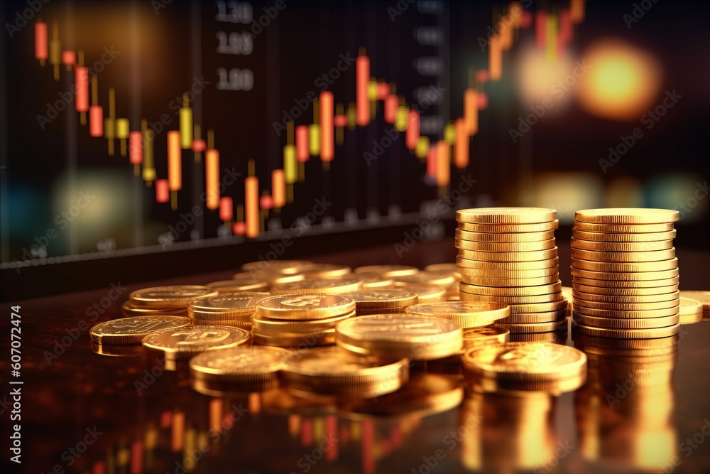 An illustration of a gold bar and gold coin resting on a graph of ...