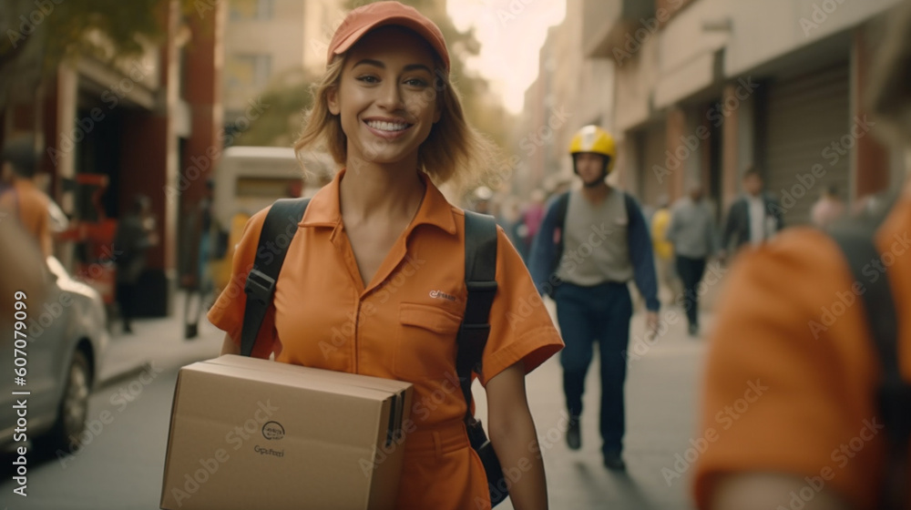 young adult woman delivering postal parcels, postman delivery woman in ...