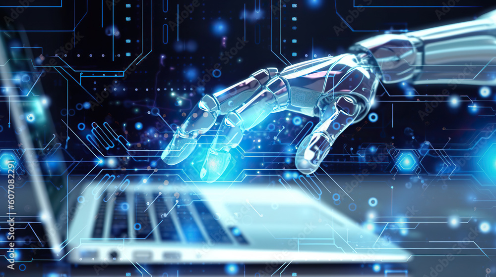 Robot hand typing on laptop with finger, artificial intelligence ...