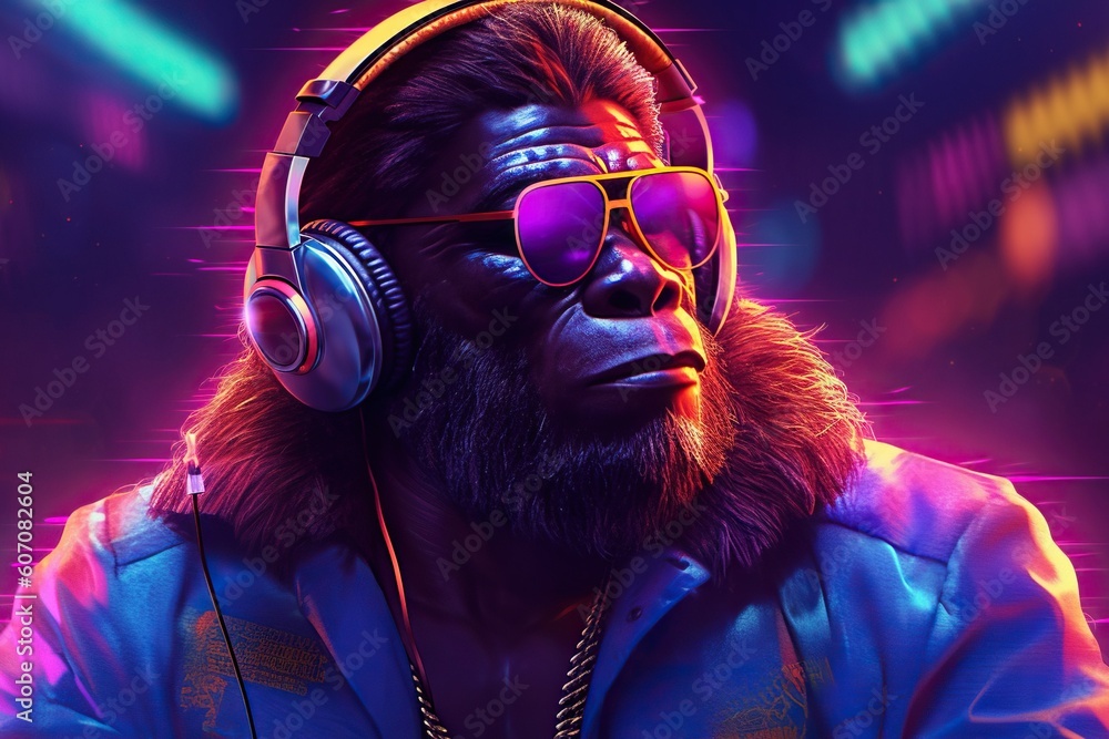 Neon portrait of gorilla rapper, gangsta monkey character. Generative ...